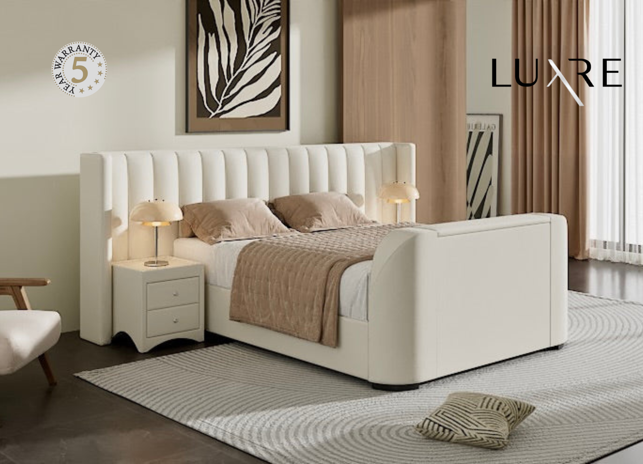NEW Milan Ottoman TV Bed with Side Units - Cream Fabric