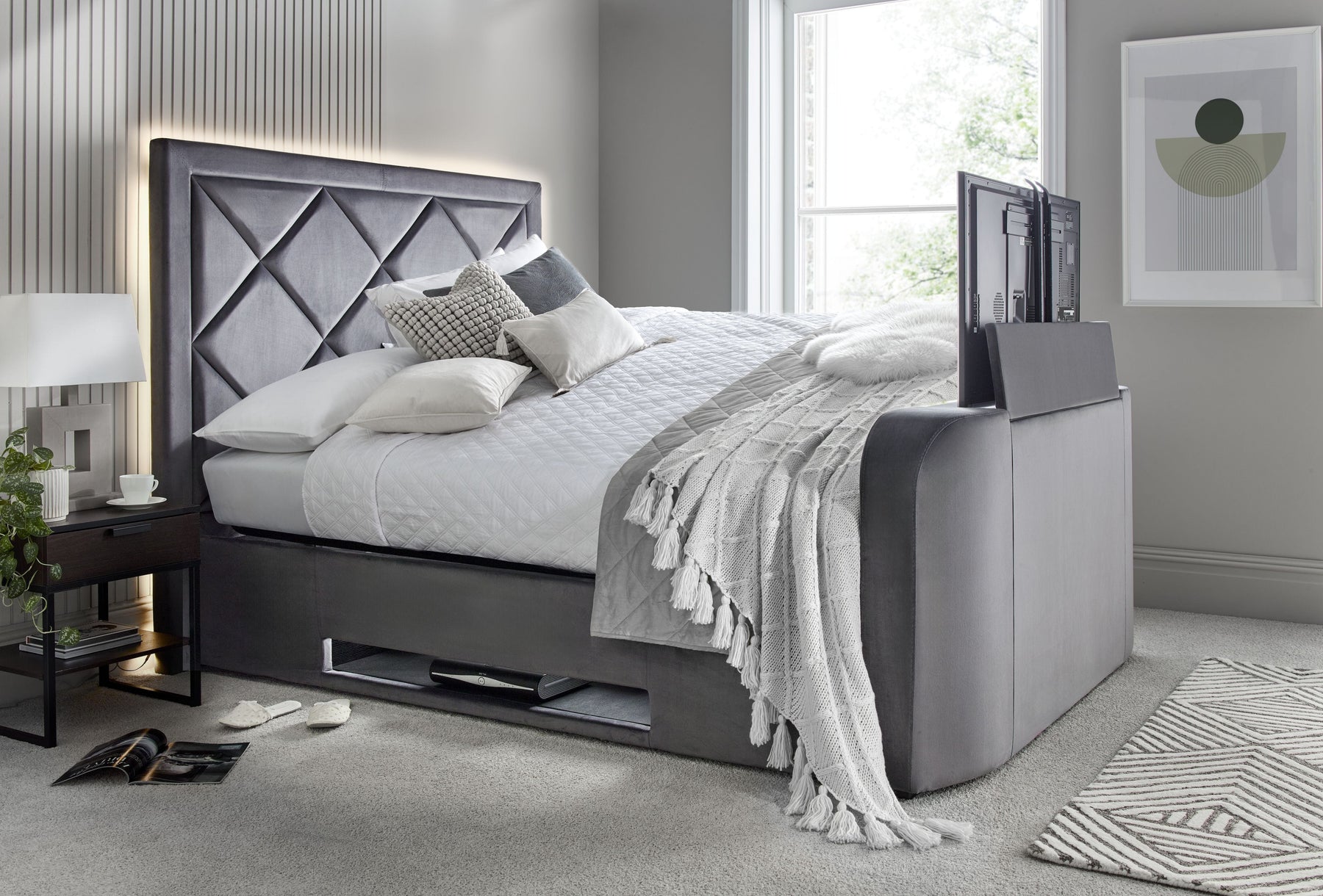 NEW Stanford True Sound Soundbar 5.1 Ottoman TV Bed - GREY VELVET